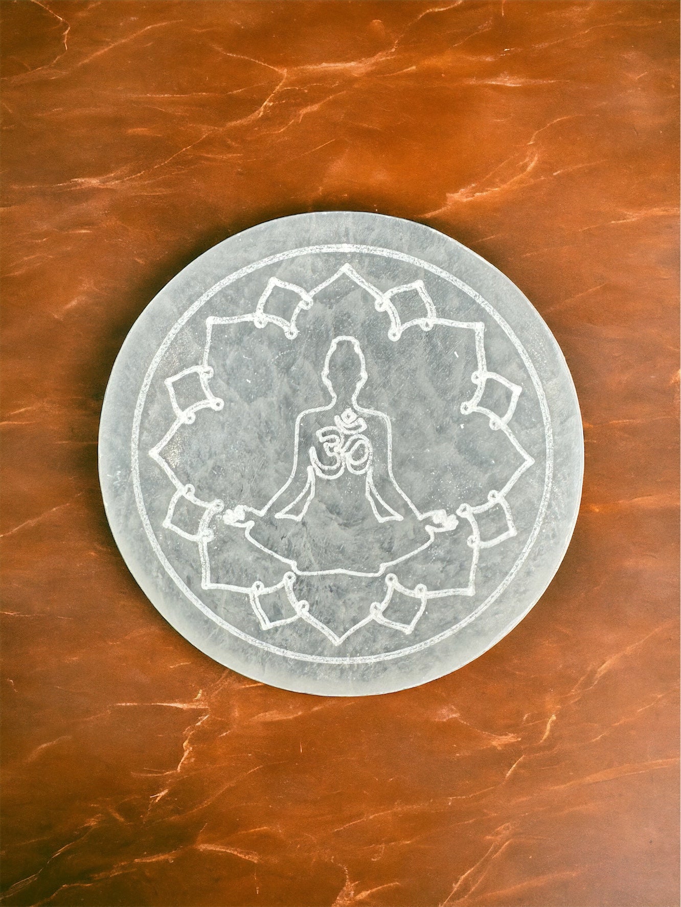 4 inch Hand Etched Ohm and Meditation Pose Selenite Charging Plate ...